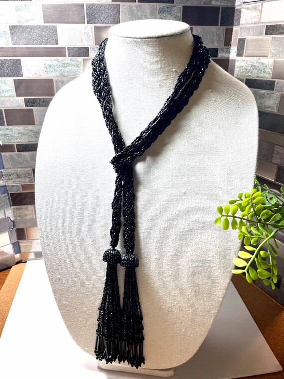 Czech Jet Black Beaded Lariat Long Necklace Beaded Tassels Flapper Necklace Sautoir Mourning Necklace 1920s Etsy