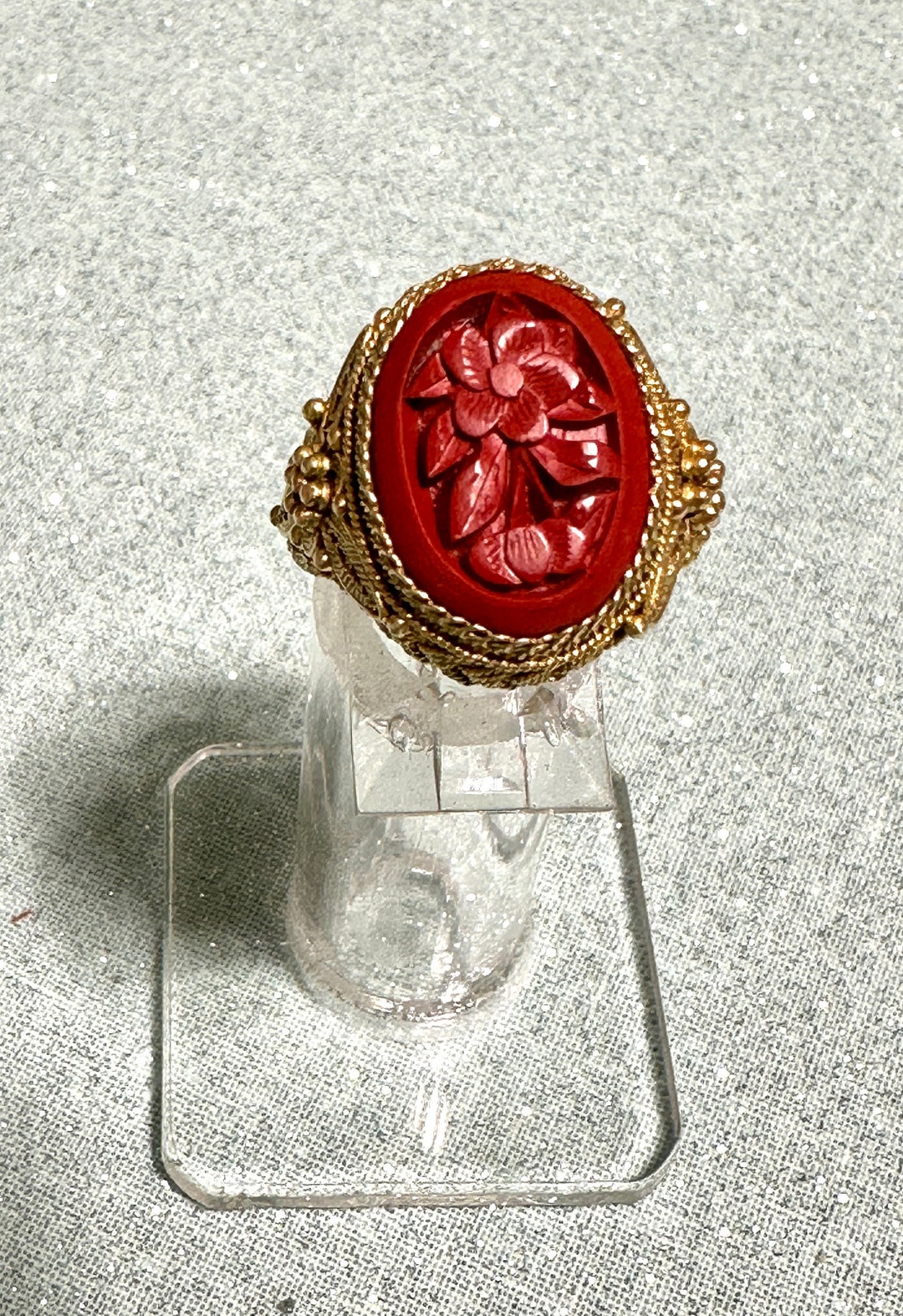 Cinnabar Carved Flower Vermeil Ring Adjustable Size Oval - Etsy