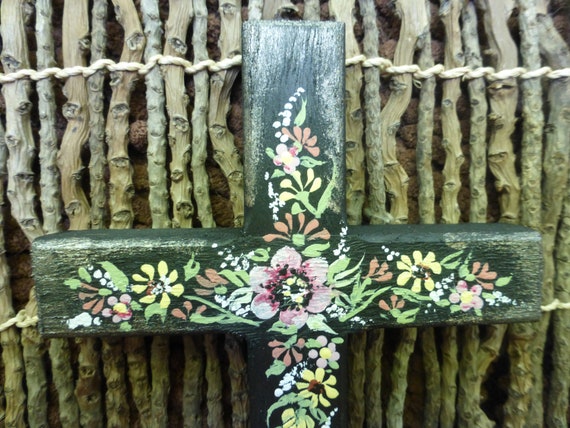 Hand Painted Floral Shabby Chic Black Wood CROSS Distressed | Etsy