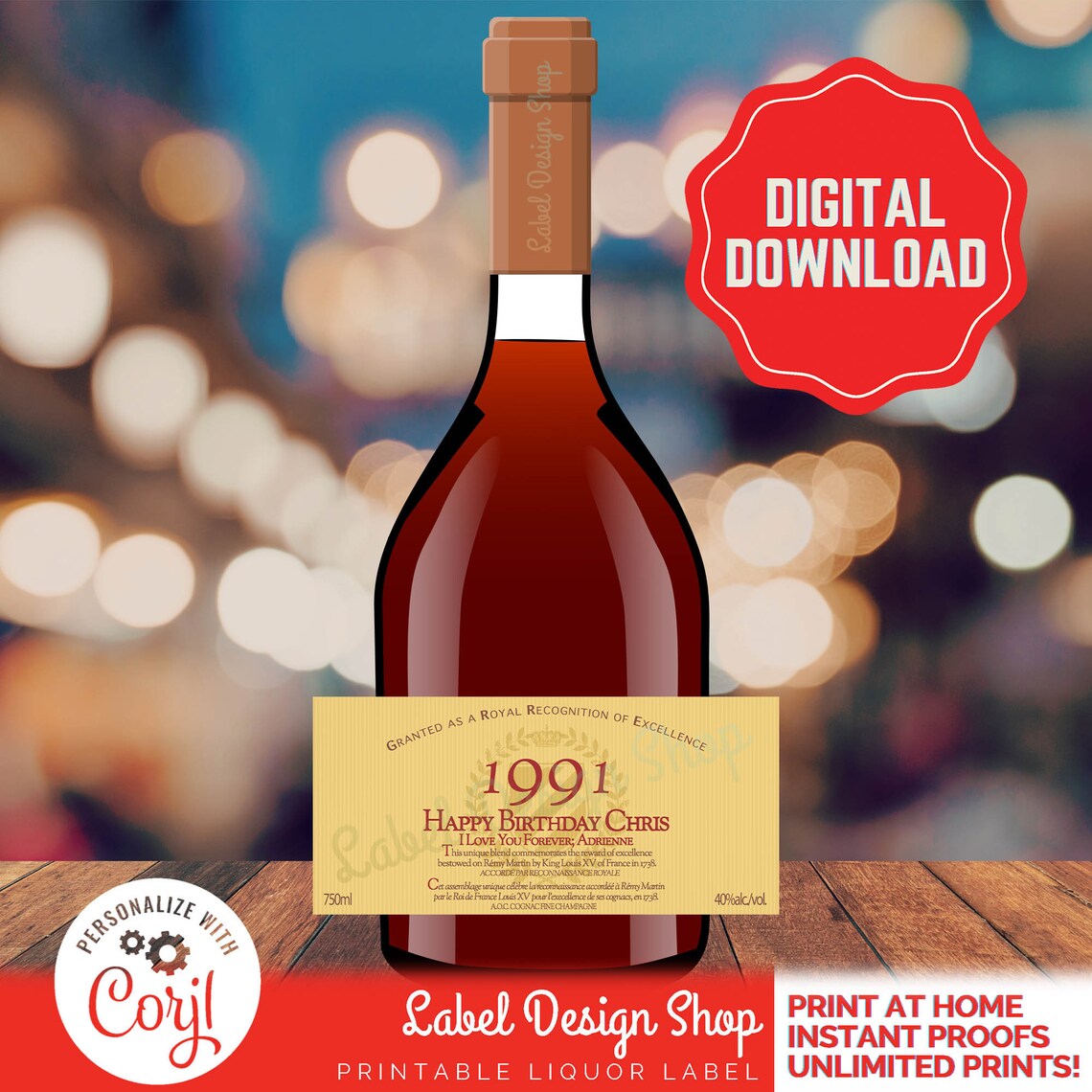 PRINTABLE 375ML Birthday Custom Label 1738 Cognac Custom | Etsy