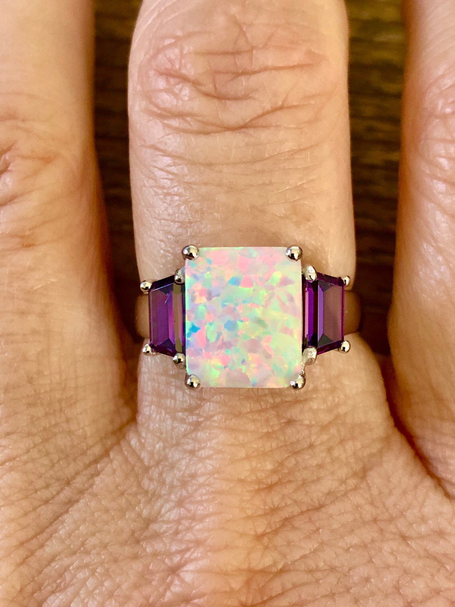 Emerald Cut Lab Opal & Purple Amethyst Ring Opal Engagement - Etsy