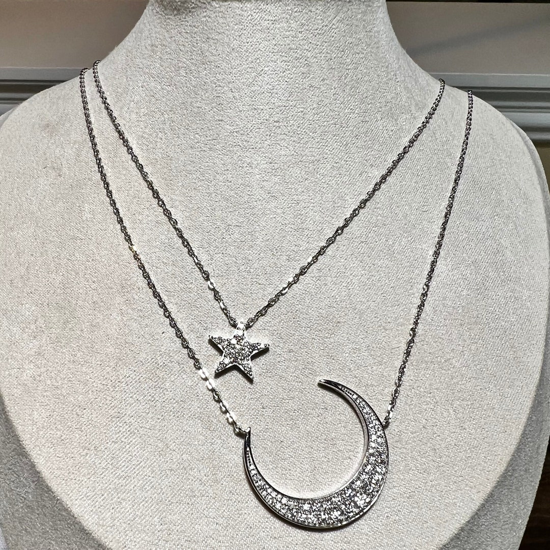 Certified Moissanite Crescent Moon Star Necklaces 10K 14K Gold/ Test ...