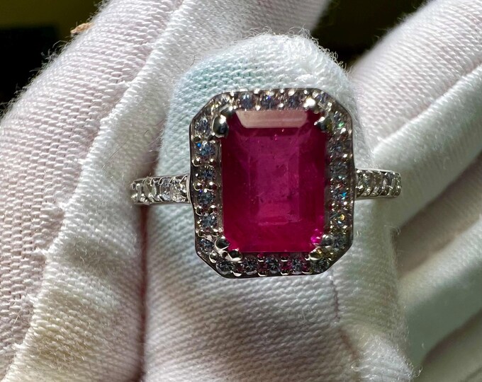 Natural 2CT Emerald Cut Red Ruby Halo Engagement Ring/ July Birthstone ...