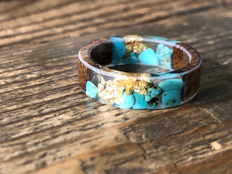 Natural Turquoise Gold Wood Resin Wedding Band Ring - Etsy