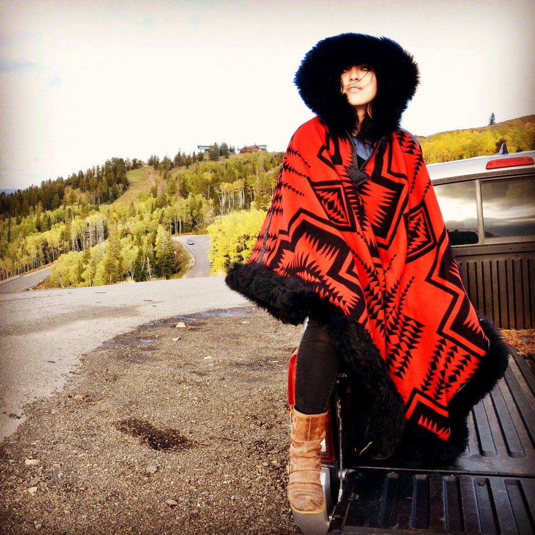 Walking Rock Riding Poncho With Sheepskin Trim – Reversible Wool Women ...