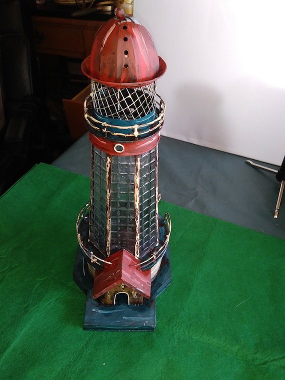 Vintage Hand Painted Metal and Glass Lighthouse Tea Light - Etsy