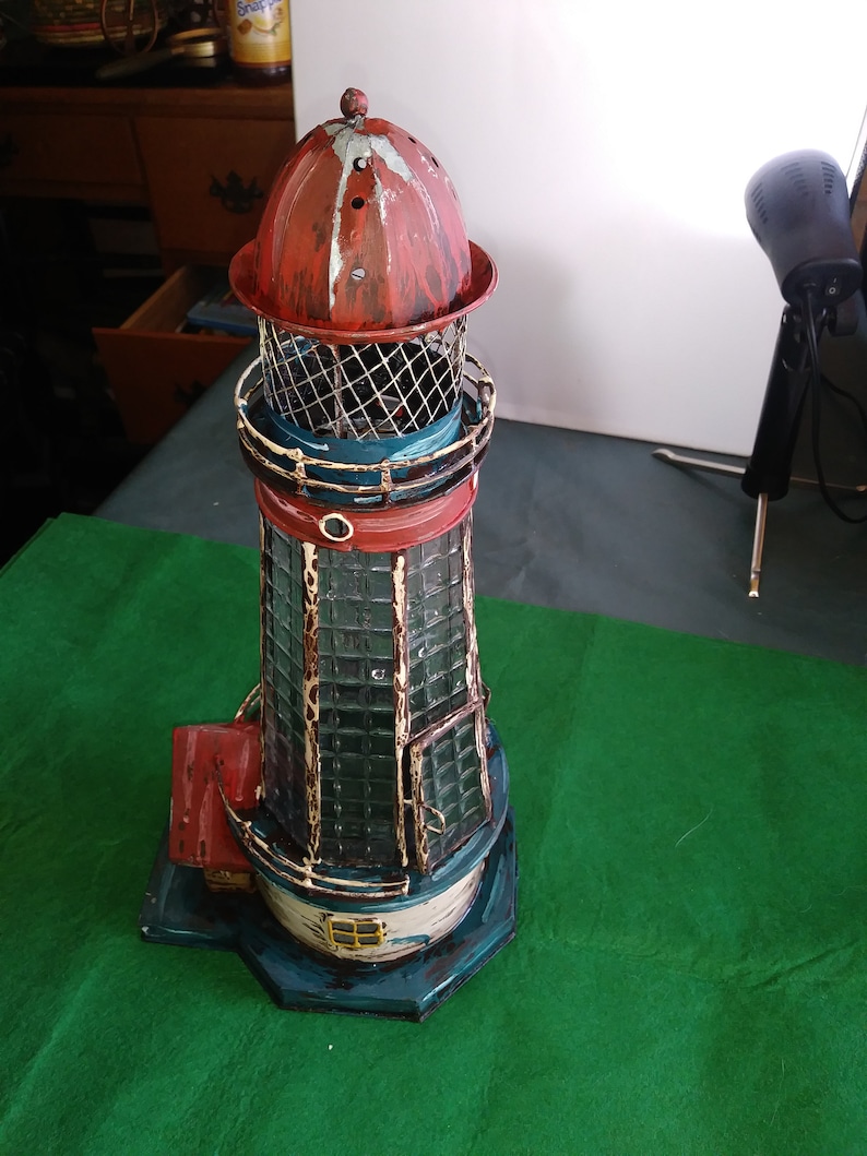 Vintage Hand Painted Metal and Glass Lighthouse Tea Light Candle Holder ...