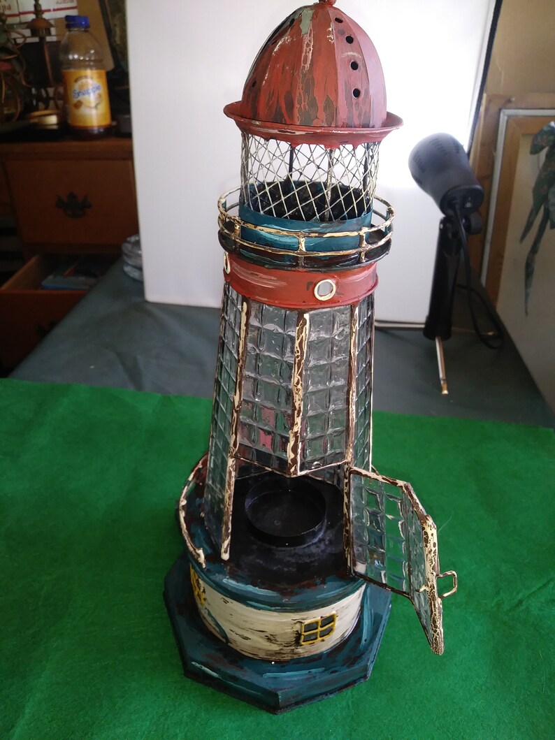 Vintage Hand Painted Metal and Glass Lighthouse Tea Light | Etsy
