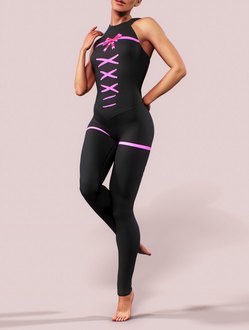 Pink Ribbon Corset Catsuit Black Printed BDSM Bodysuit Workout | Etsy