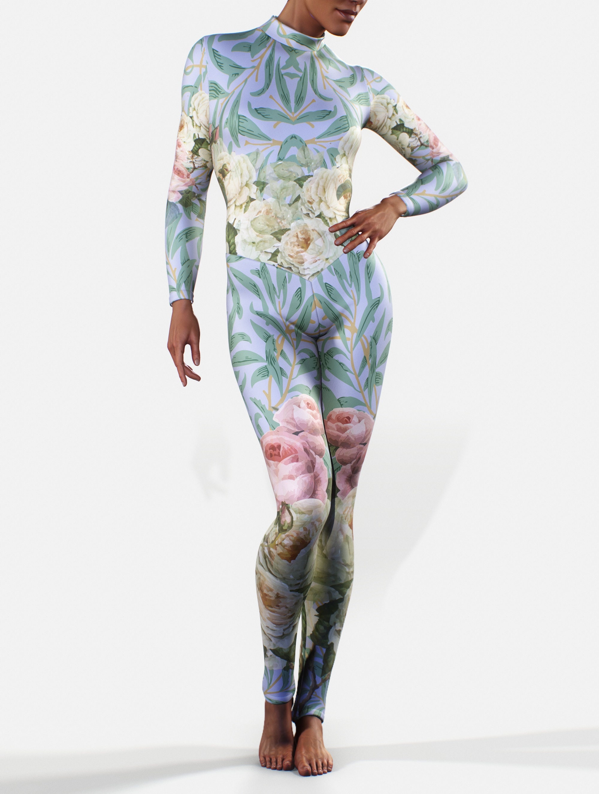 Romantic English Roses Suit | Vintage Tender Floral Bodysuit Women One ...
