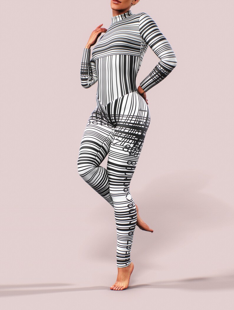 Barcode Illusion Bodysuit Cosplay Costume Lines Black White Stripes ...