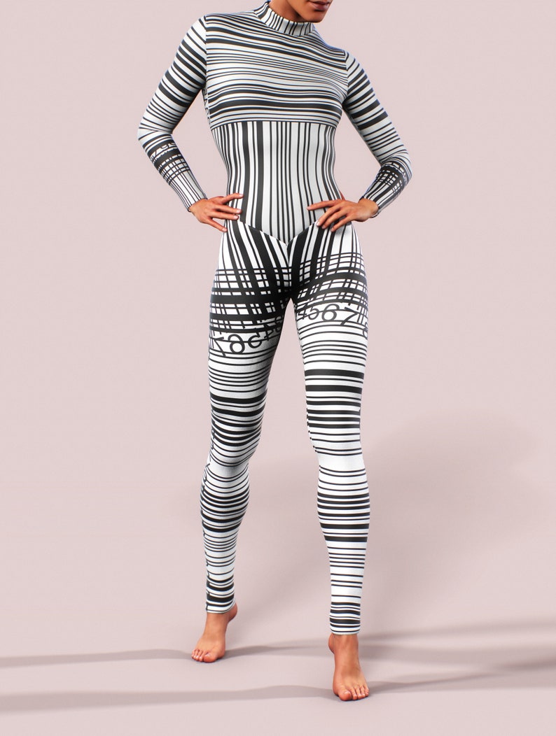 Barcode Illusion Bodysuit Cosplay Costume Lines Black White Stripes ...