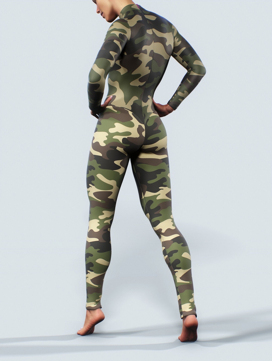 Camo Full Bodysuit | Long-sleeves Military Unitard Sports Zipper ...