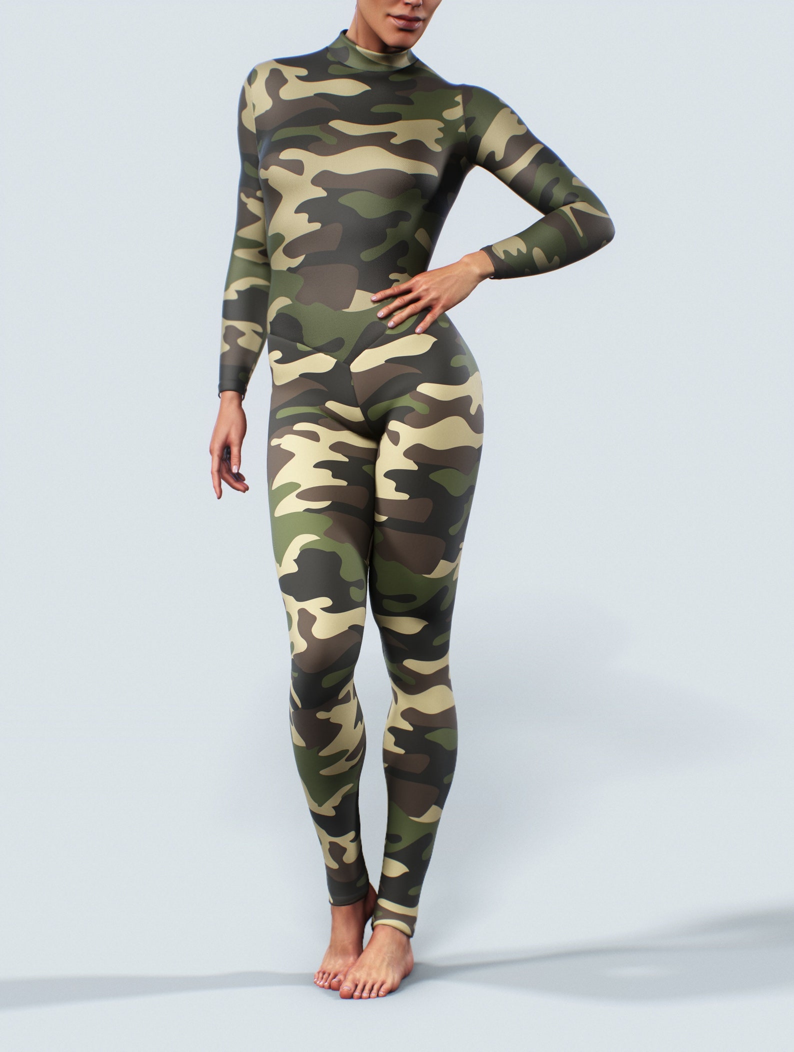 Camo Full Bodysuit | Long-sleeves Military Unitard Sports Zipper ...
