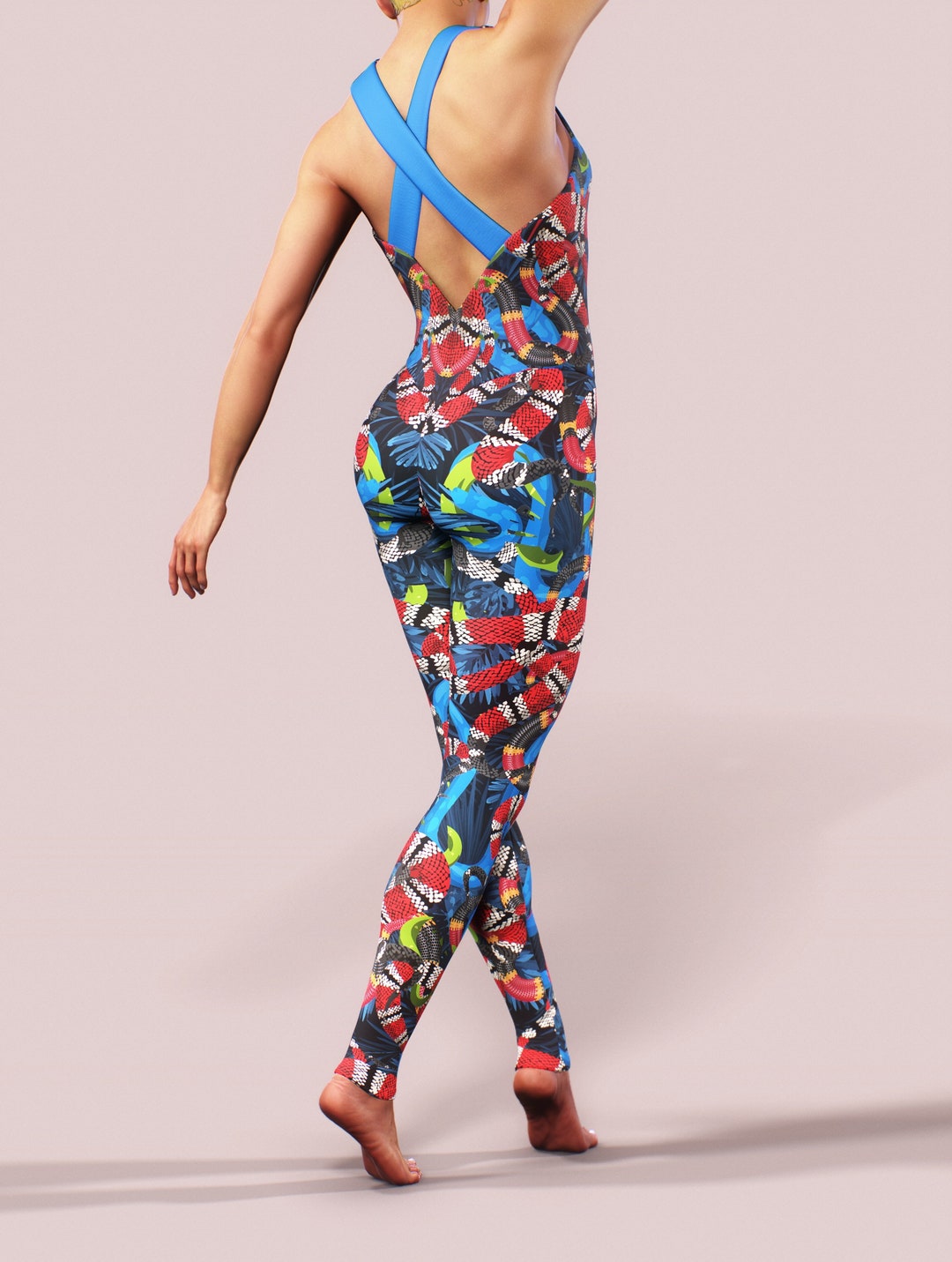 Workout Snake Print Catsuit Straps Open Back Bodysuit Gym Clothing ...