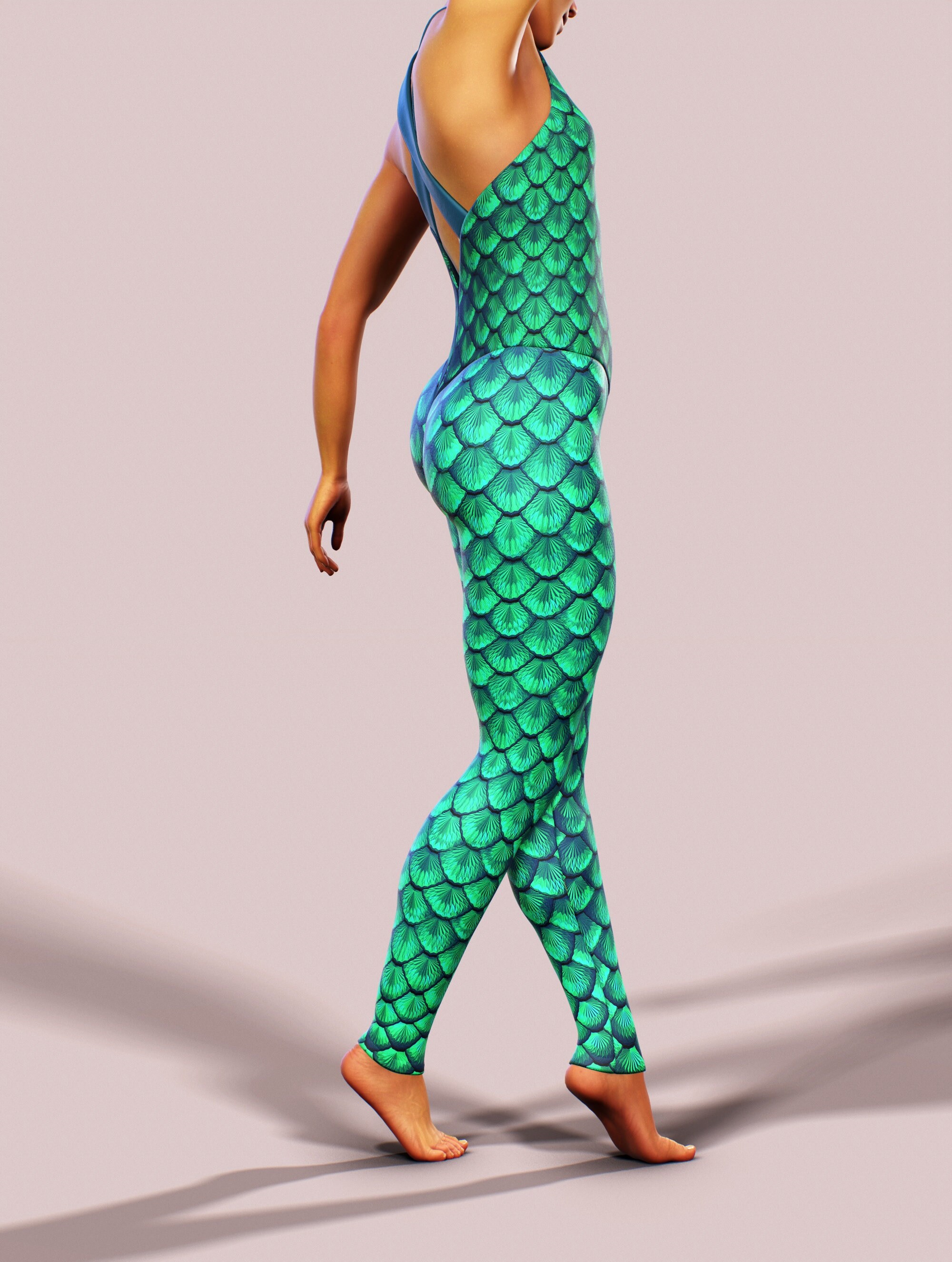 One Piece Mermaid Catsuit Workout Green Bodysuit Dragon Scale Printed ...