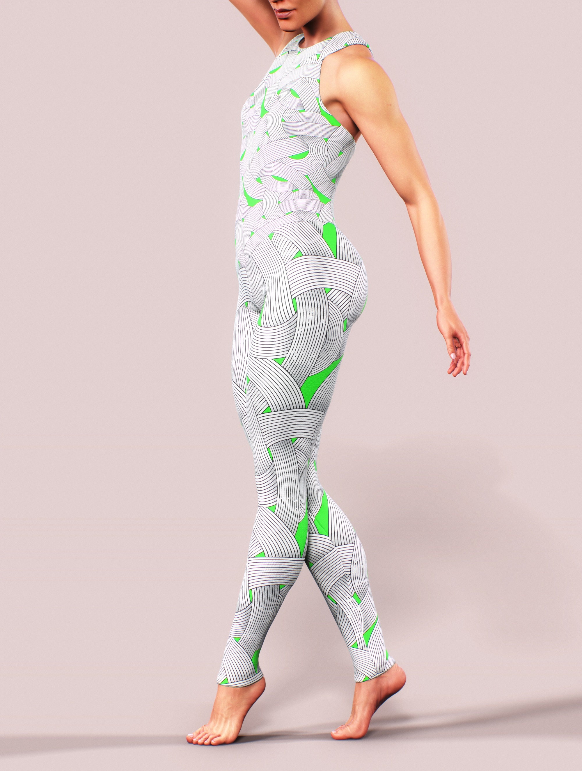 Geometric Neon Motifs Catsuit White Fitness Full Body Workout | Etsy