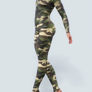 Camo Full Bodysuit | Long-sleeves Military Unitard Sports Zipper ...