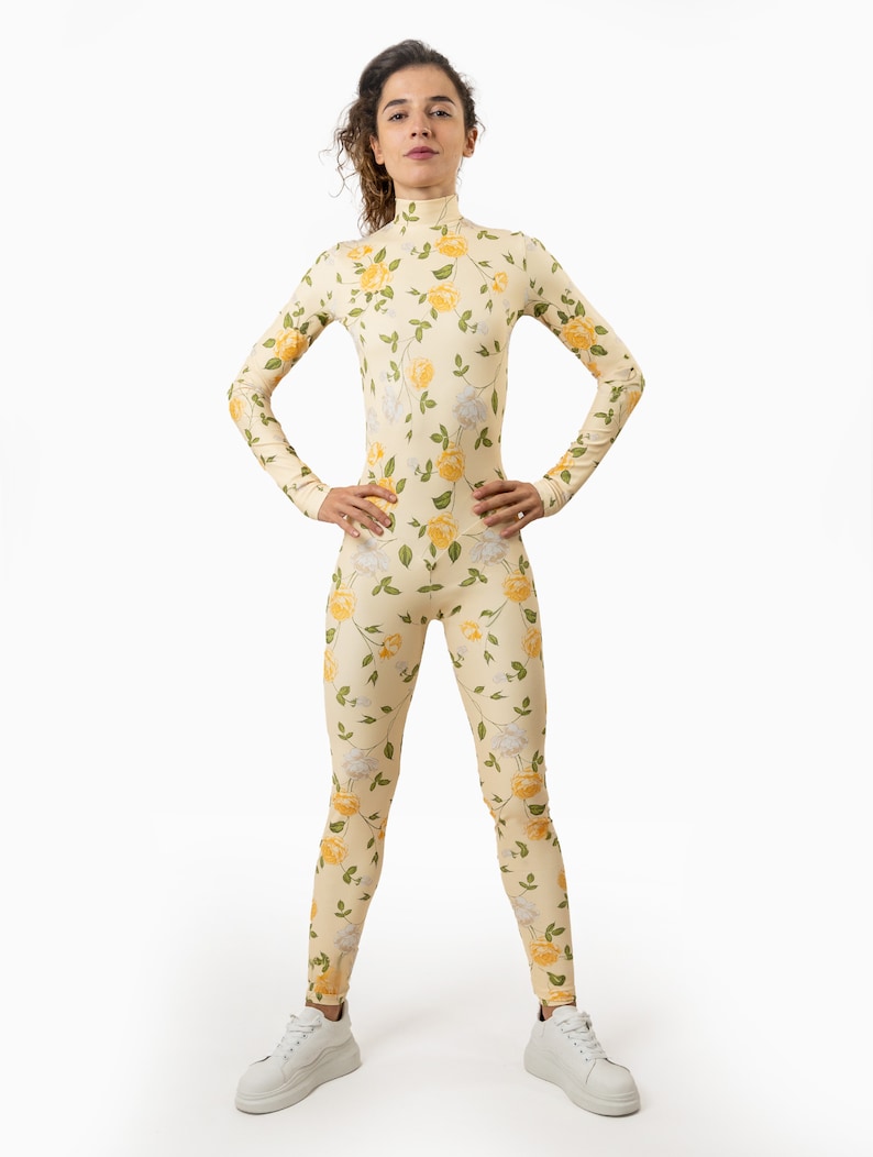 English Roses Catsuit | Yellow Women Bodysuit Romantic Botanical ...