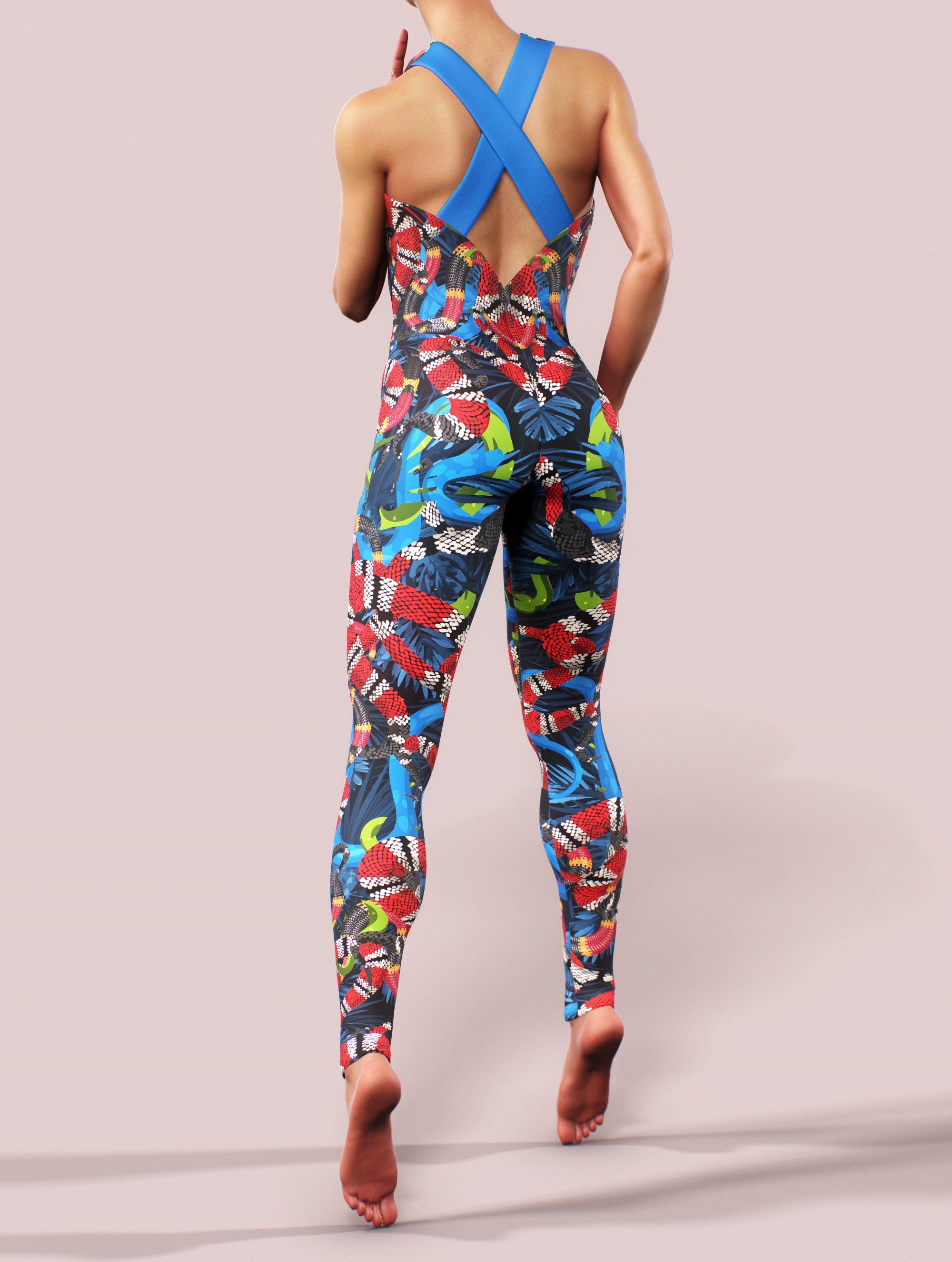 Workout Snake Print Catsuit Straps Open Back Bodysuit Gym Clothing ...