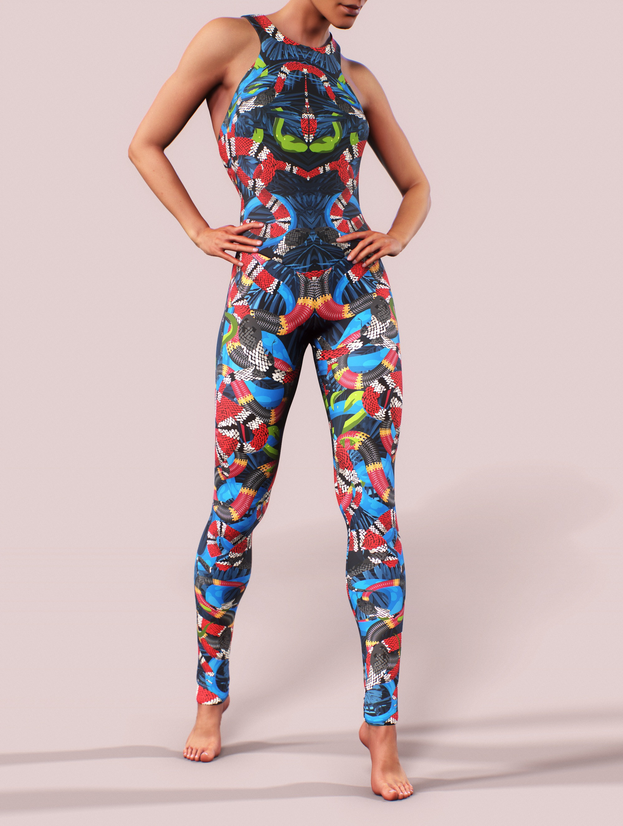 Workout Snake Print Catsuit Straps Open Back Bodysuit Gym Clothing ...
