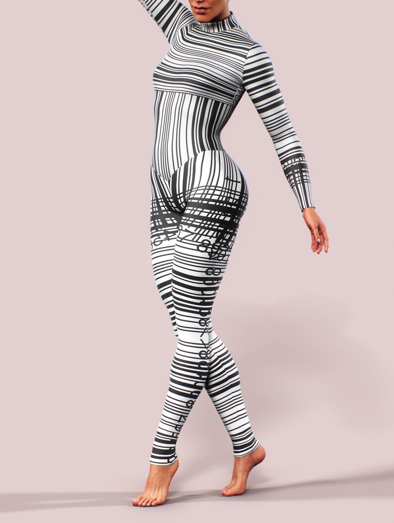 Barcode Illusion Bodysuit Cosplay Costume Lines Black White Stripes ...