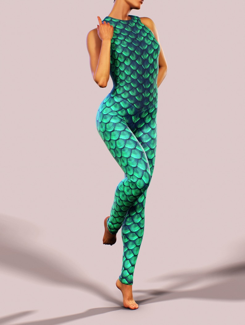 One Piece Mermaid Catsuit Workout Green Bodysuit Dragon Scale Printed ...
