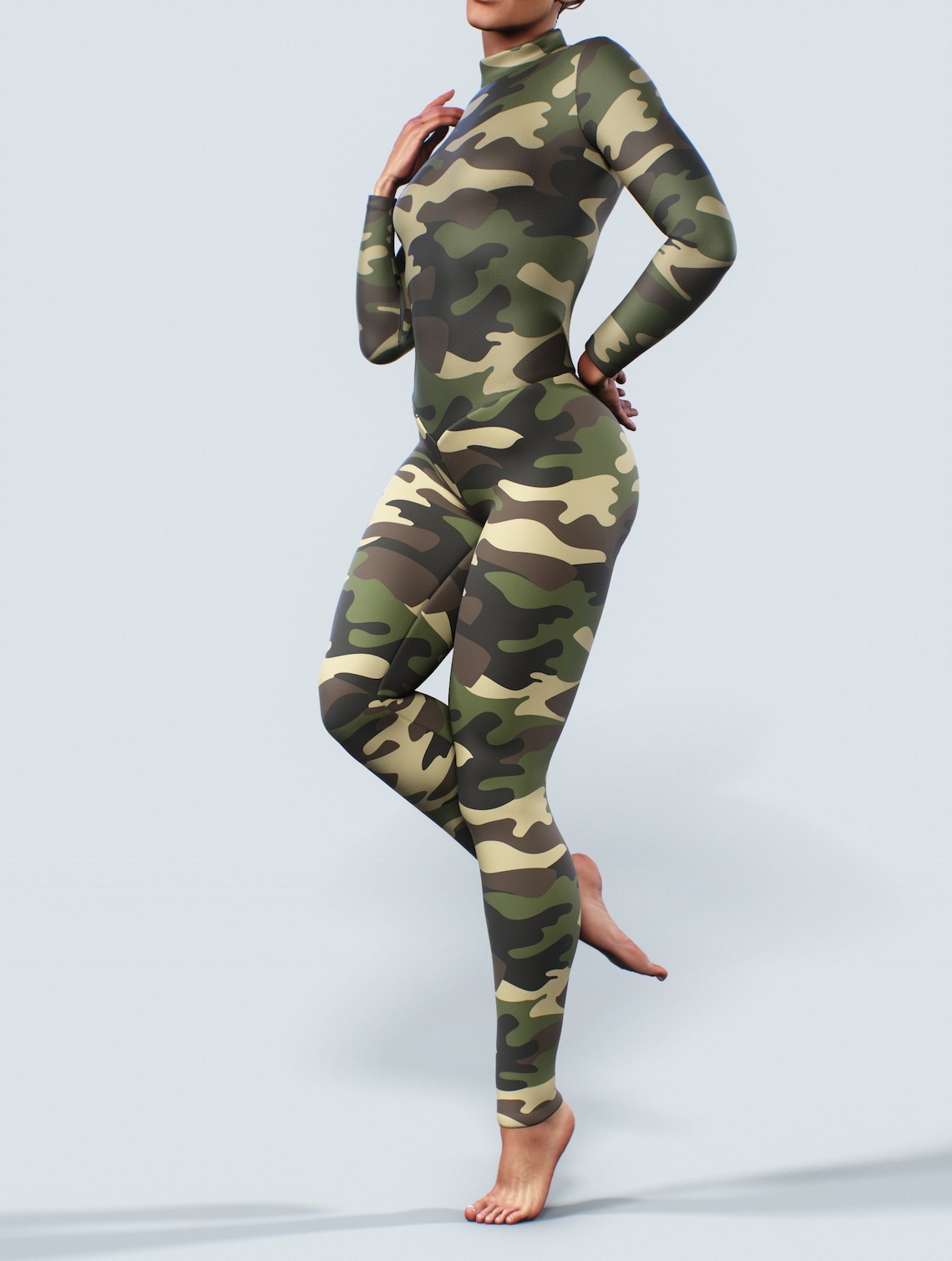 Camo Full Bodysuit | Long-sleeves Military Unitard Sports Zipper ...