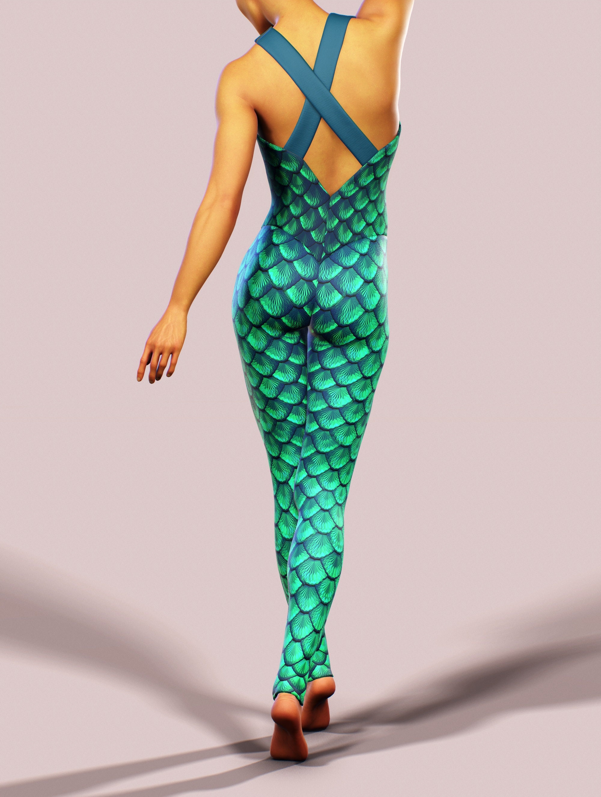 One Piece Mermaid Catsuit Workout Green Bodysuit Dragon Scale Printed ...