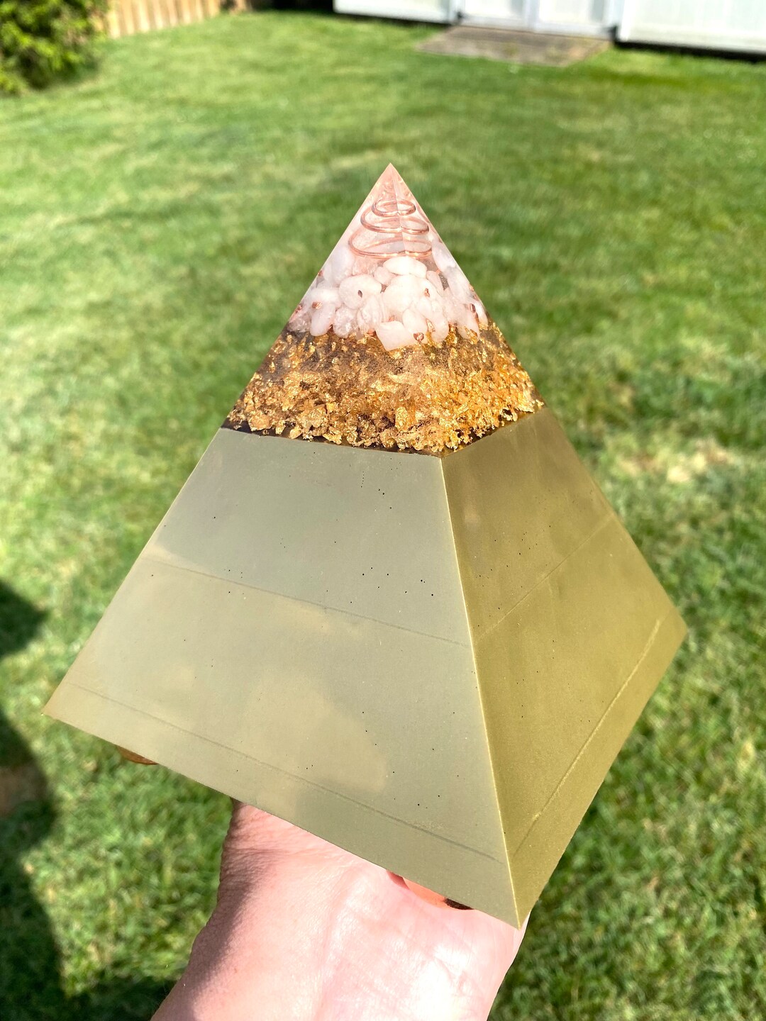 HUGE Gold Orgonite Orgone Pyramid Large EMF 5g Protection With Quartz ...