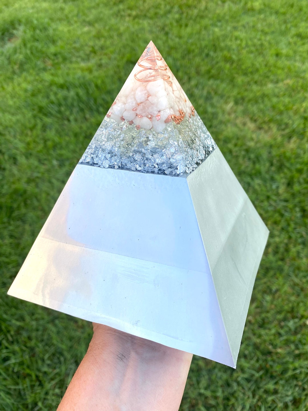 HUGE Silver Orgonite Orgone Pyramid Large EMF 5g Protection With Quartz ...