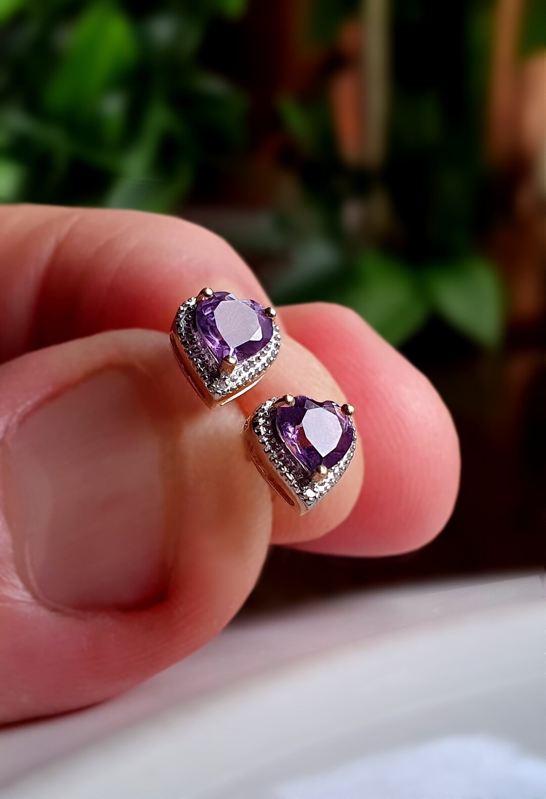 STUNNING Vintage 9ct Gold Amethyst and Diamond Heart Earrings, 9ct Gold ...