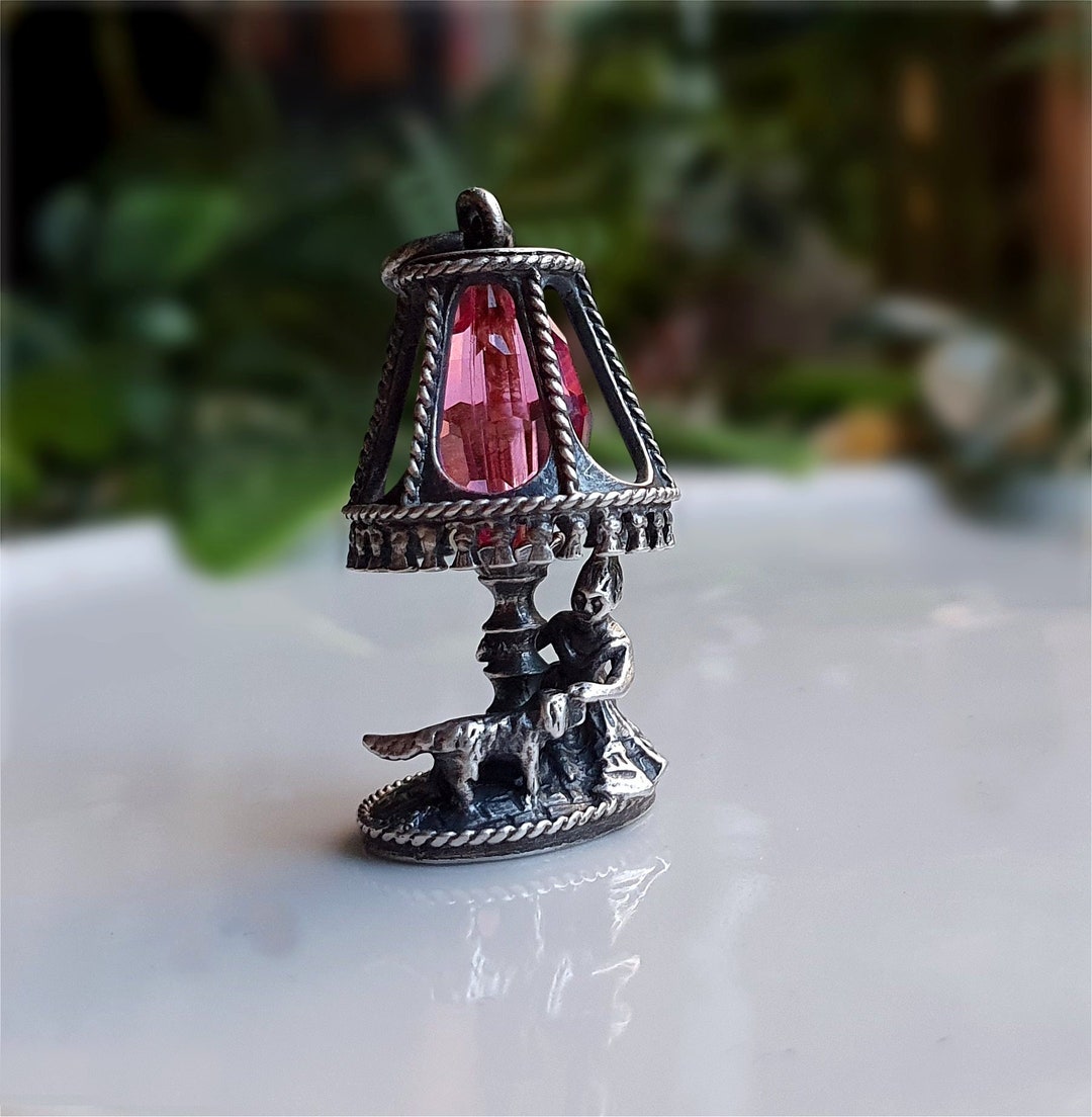 STUNNING RARE Vintage Silver Dog and Lady Under Lamp Shade Charm, MINT ...