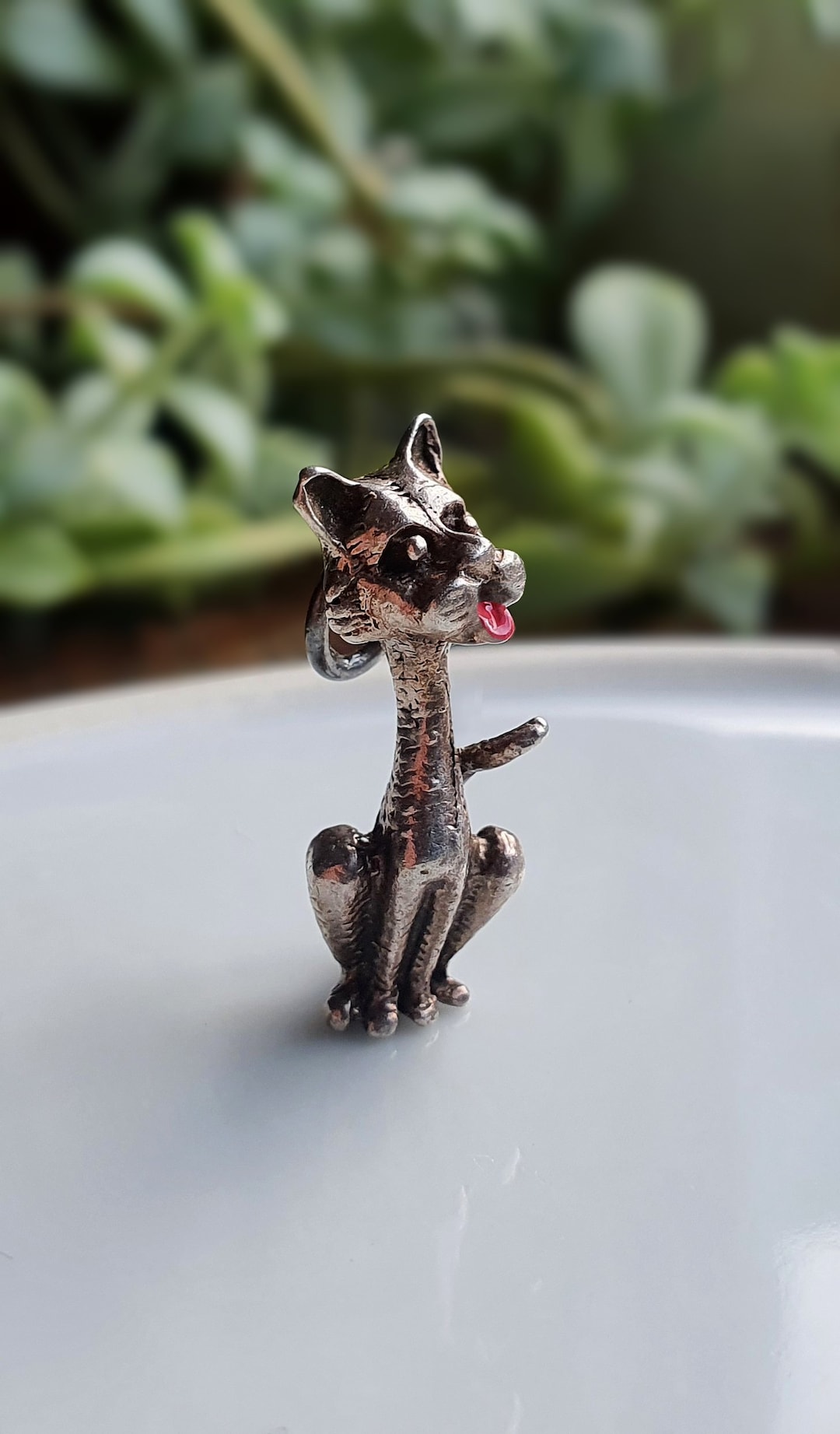 UNUSUAL Vintage Silver Cat With Pink Tounge Charm,sterling Silver Cat ...