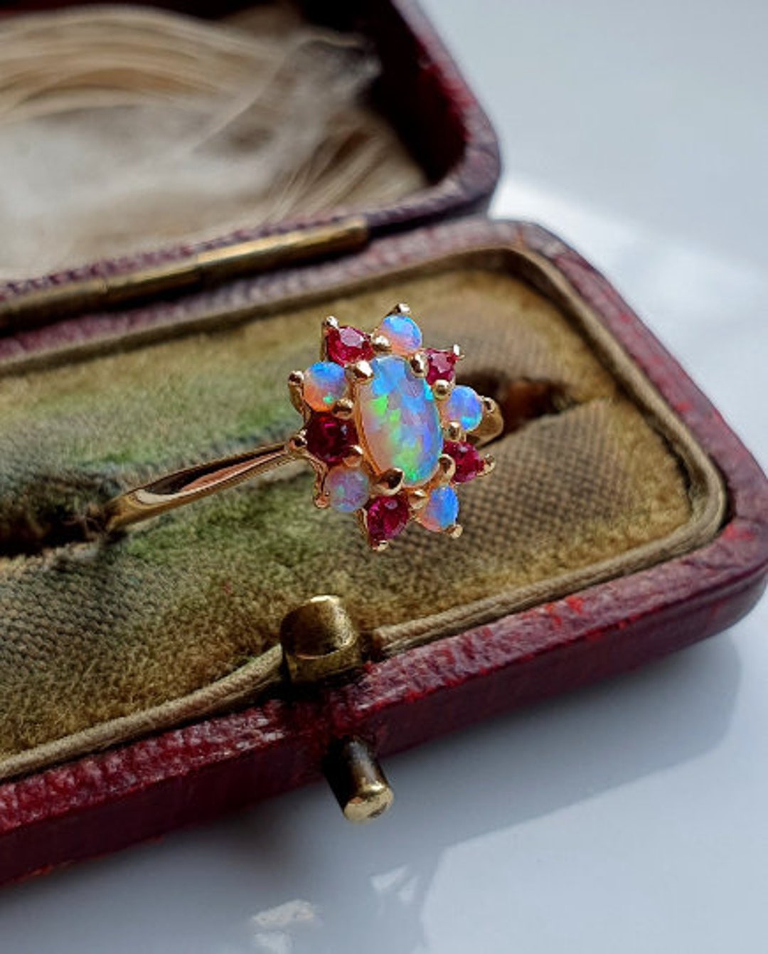 VERY PRETTY Genuine Vintage 9ct Gold Opal and Ruby Cluster Ring, Gold ...