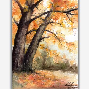 Oak Trees. Autumn Forest Watercolor Painting. Fall Wall Art. Original ...