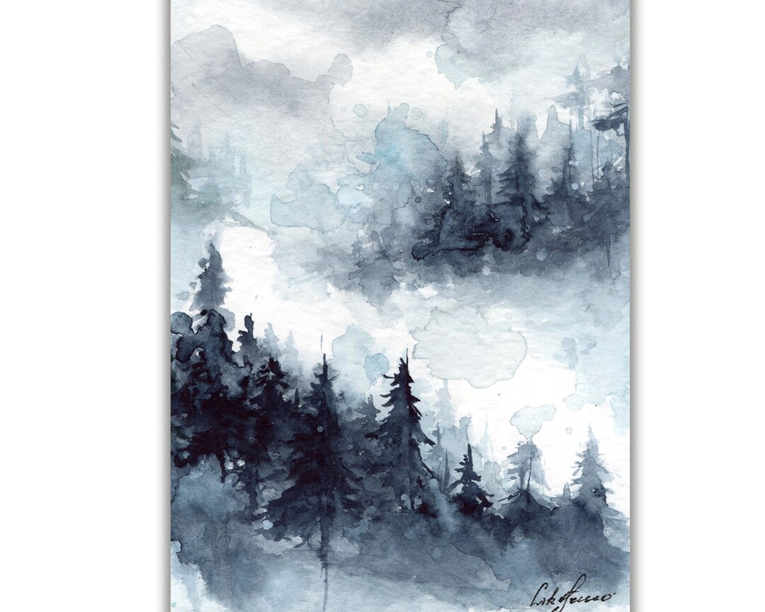 Misty Mountain Watercolor. Foggy Forest. Moody Mountains Miniature ...