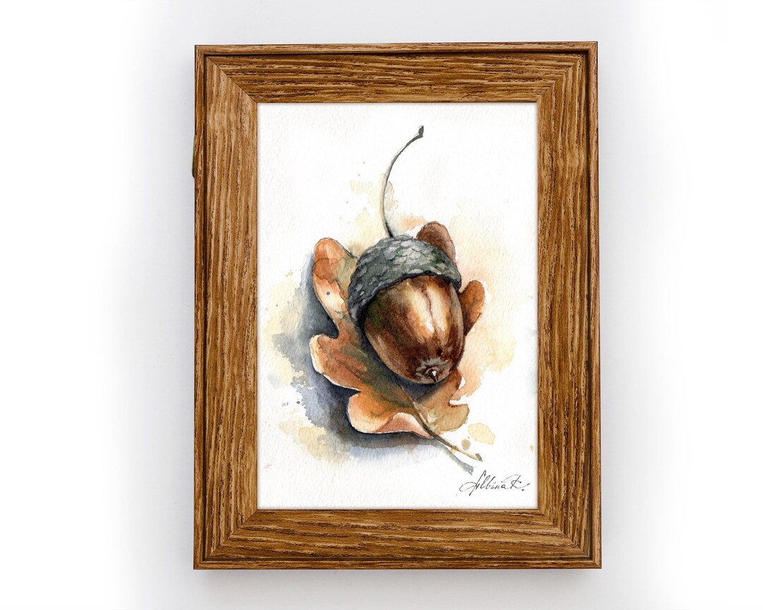 Acorn Watercolor Painting, Fall Art, Rustic Autumn Decor, Oak Leaf ...
