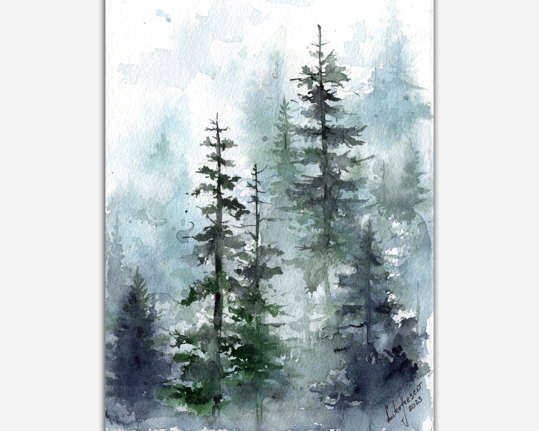 Foggy Pine Tree 5x7” Moody Forest Original Painting , Foggy Forest Wall ...