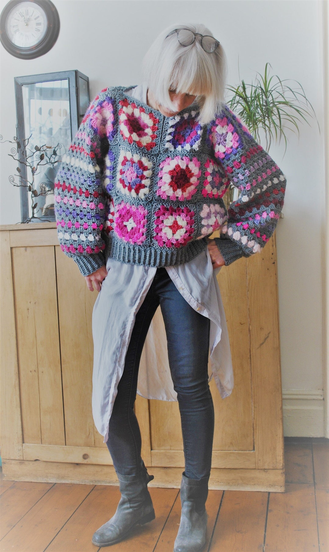 Crochet Granny Square Jumper - Handmade Grey and Pink Patchwork ...