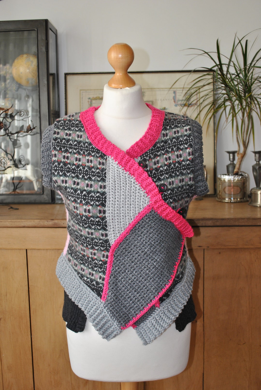 Chaleco reciclado Patchwork Ecológico Punto y ganchillo Gris y rosa Chaleco hippie Boho Talla UK ...