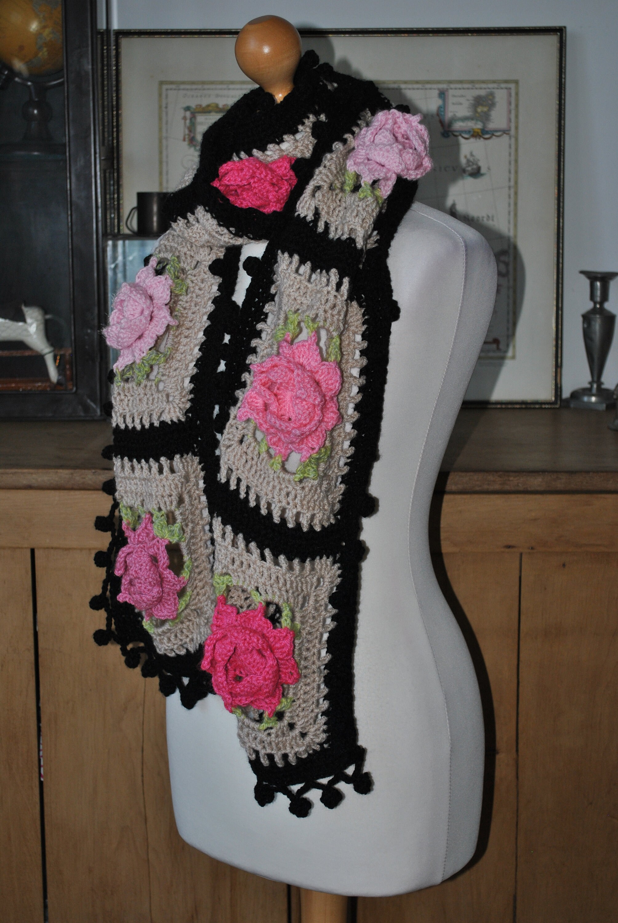 Crochet 3D Granny Square Rose Scarf Boho Scarf in Pink - Etsy