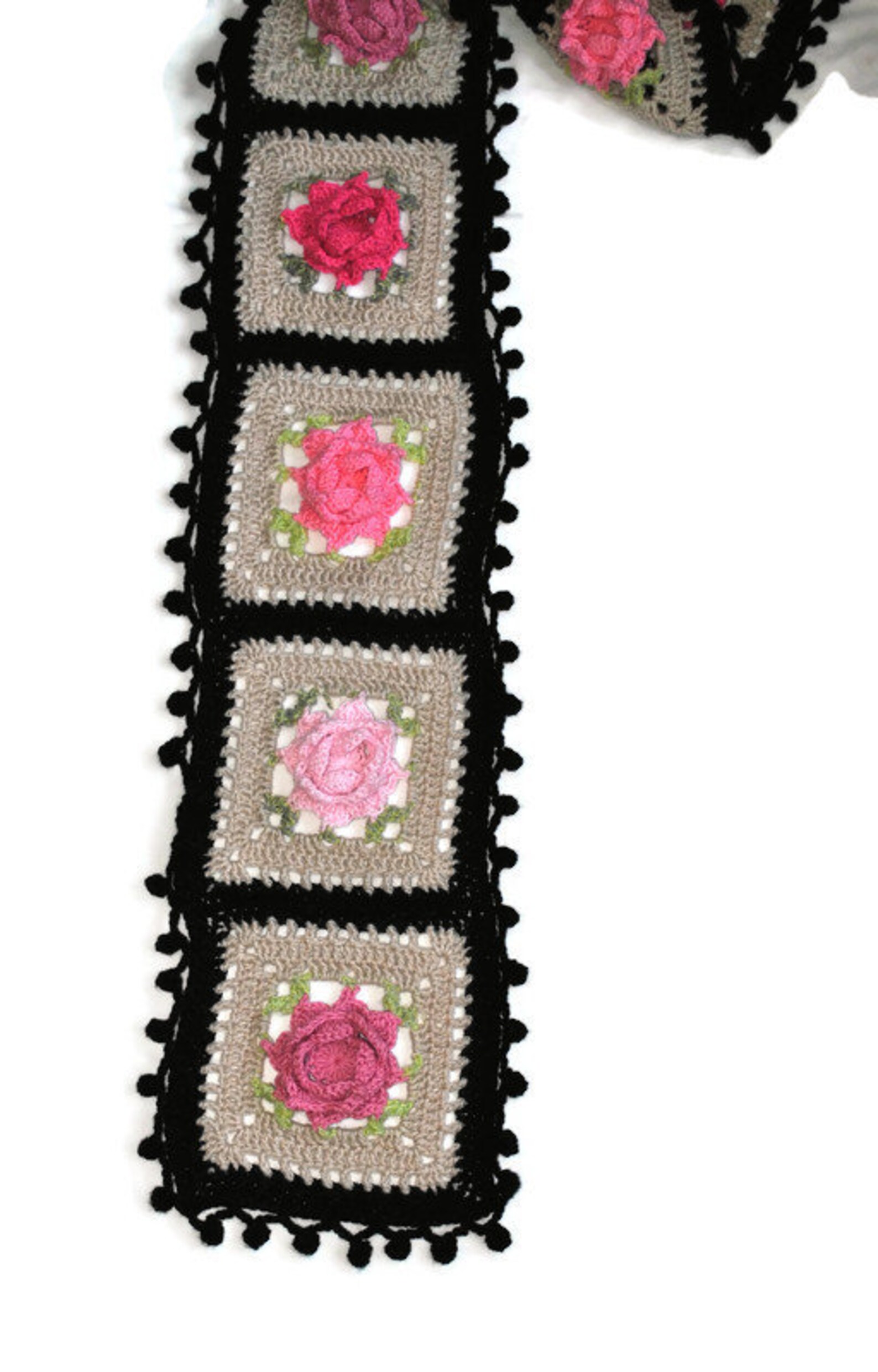 Crochet 3D Granny Square Rose Scarf Boho Scarf in Pink - Etsy