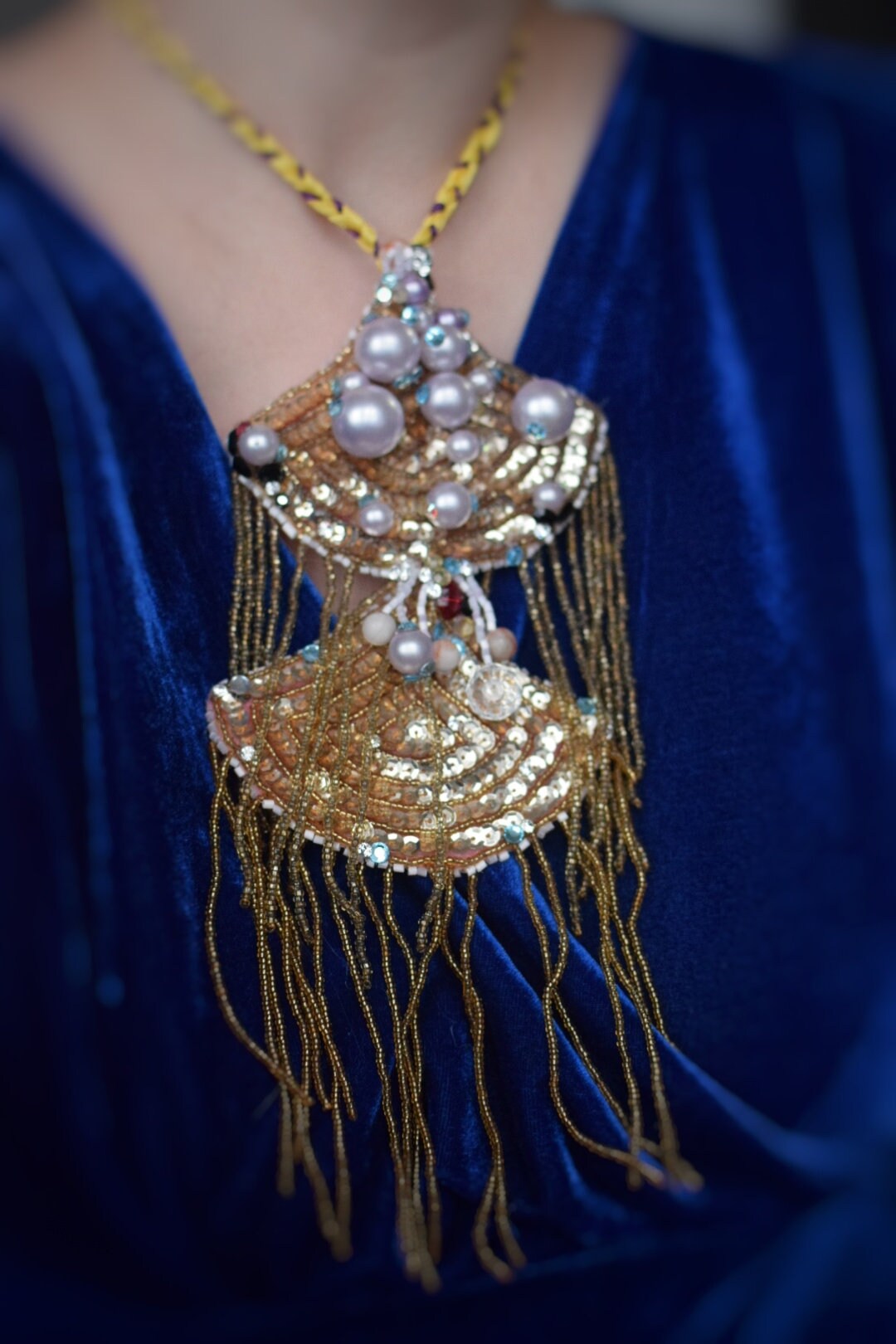Gold Beaded Fringe Flapper Evening Statement Necklace With Sparkly ...