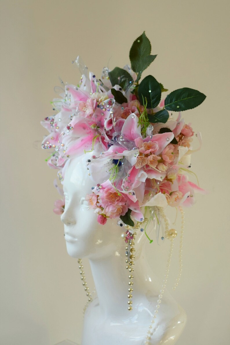 Pink Fantasy Flower Crown Headpiece With Pearls, Spiky Plastic Bottles ...