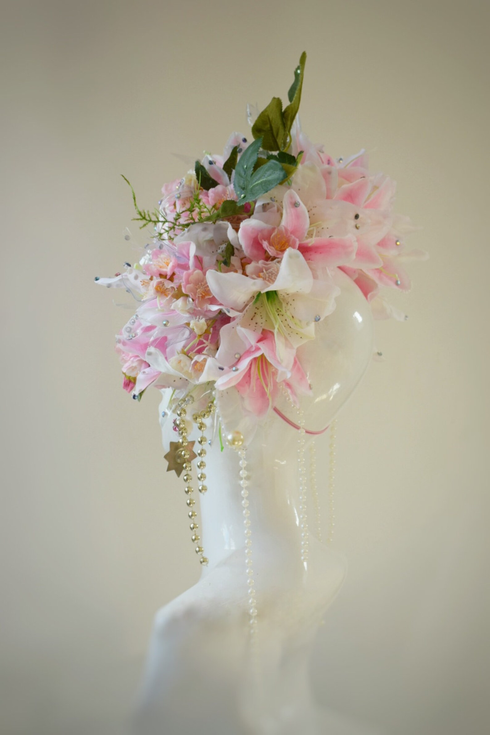 Pink Fantasy Flower Crown Headpiece With Pearls, Spiky Plastic Bottles ...