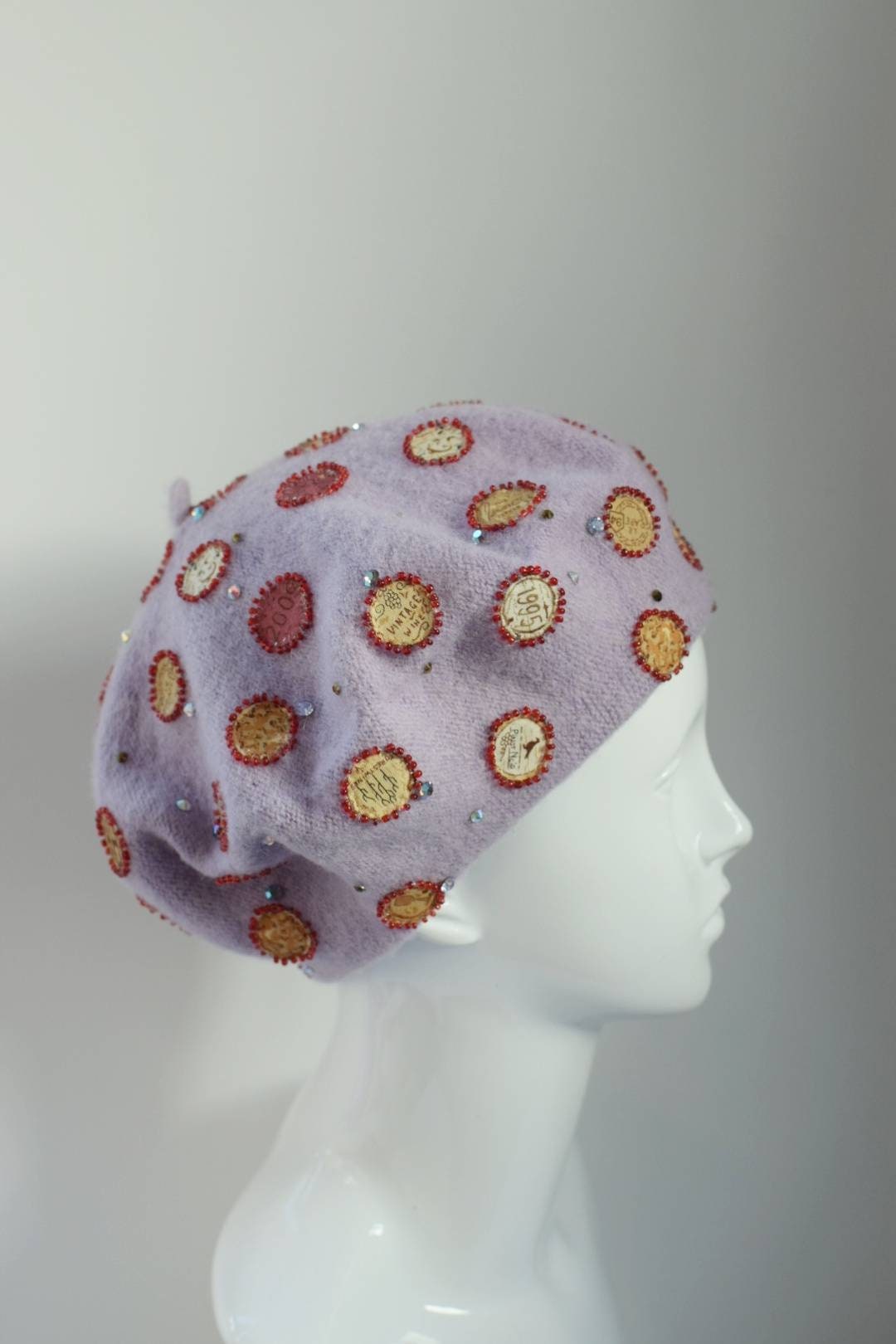 Lilac Pastel Glam Beret - Cosy Wool With Wine Corks Applique, Beads ...