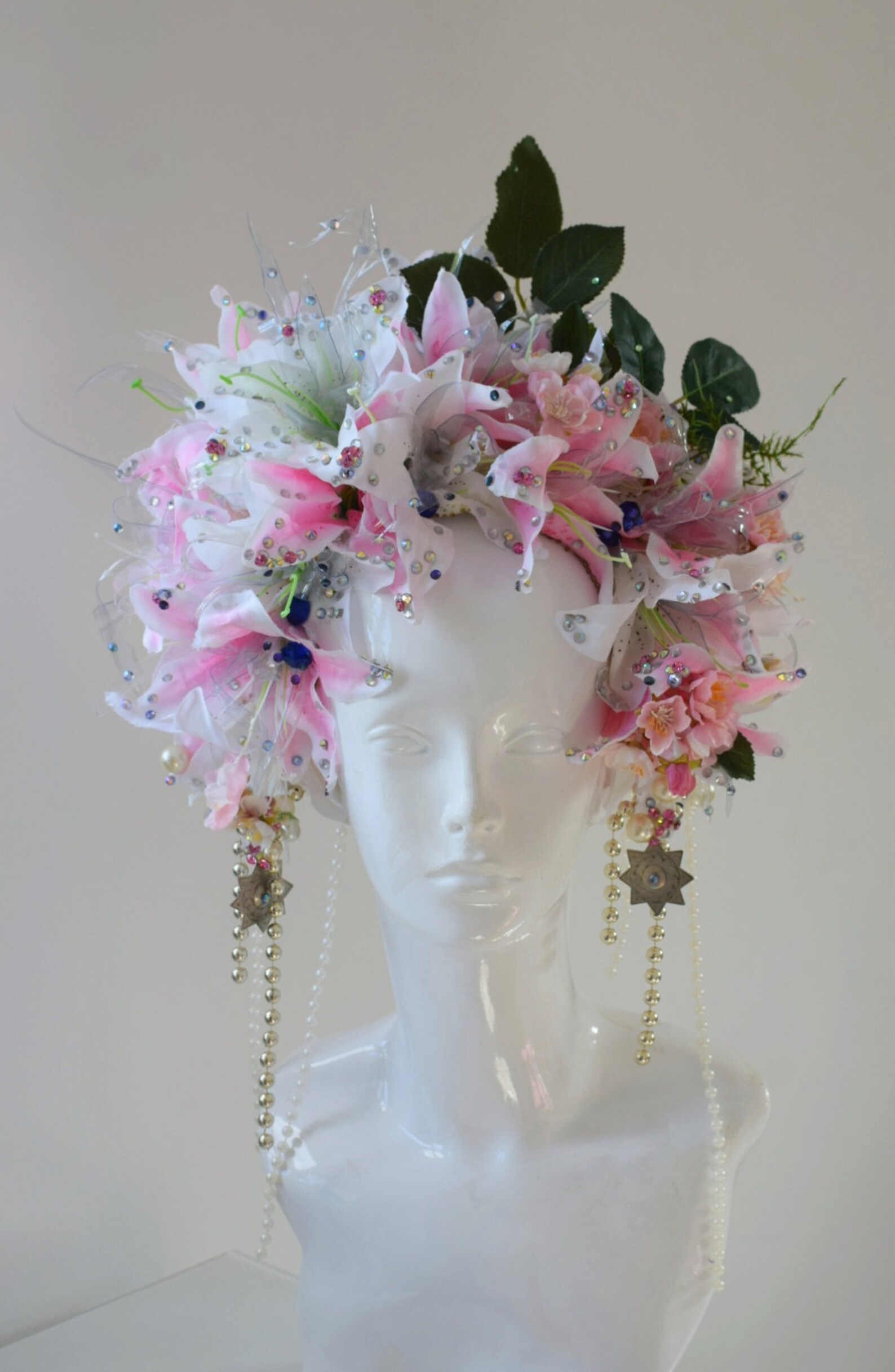 Pink Fantasy Flower Crown Headpiece With Pearls, Spiky Plastic Bottles ...