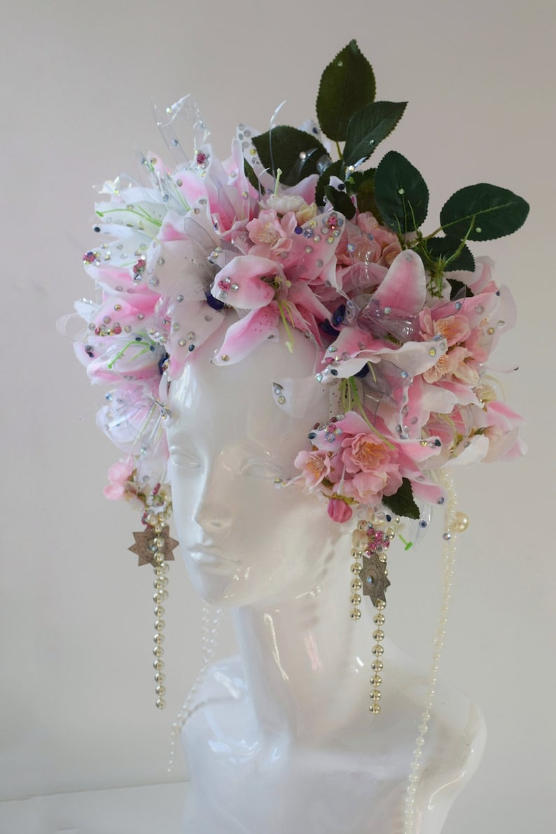 Pink Fantasy Flower Crown Headpiece With Pearls, Spiky Plastic Bottles ...