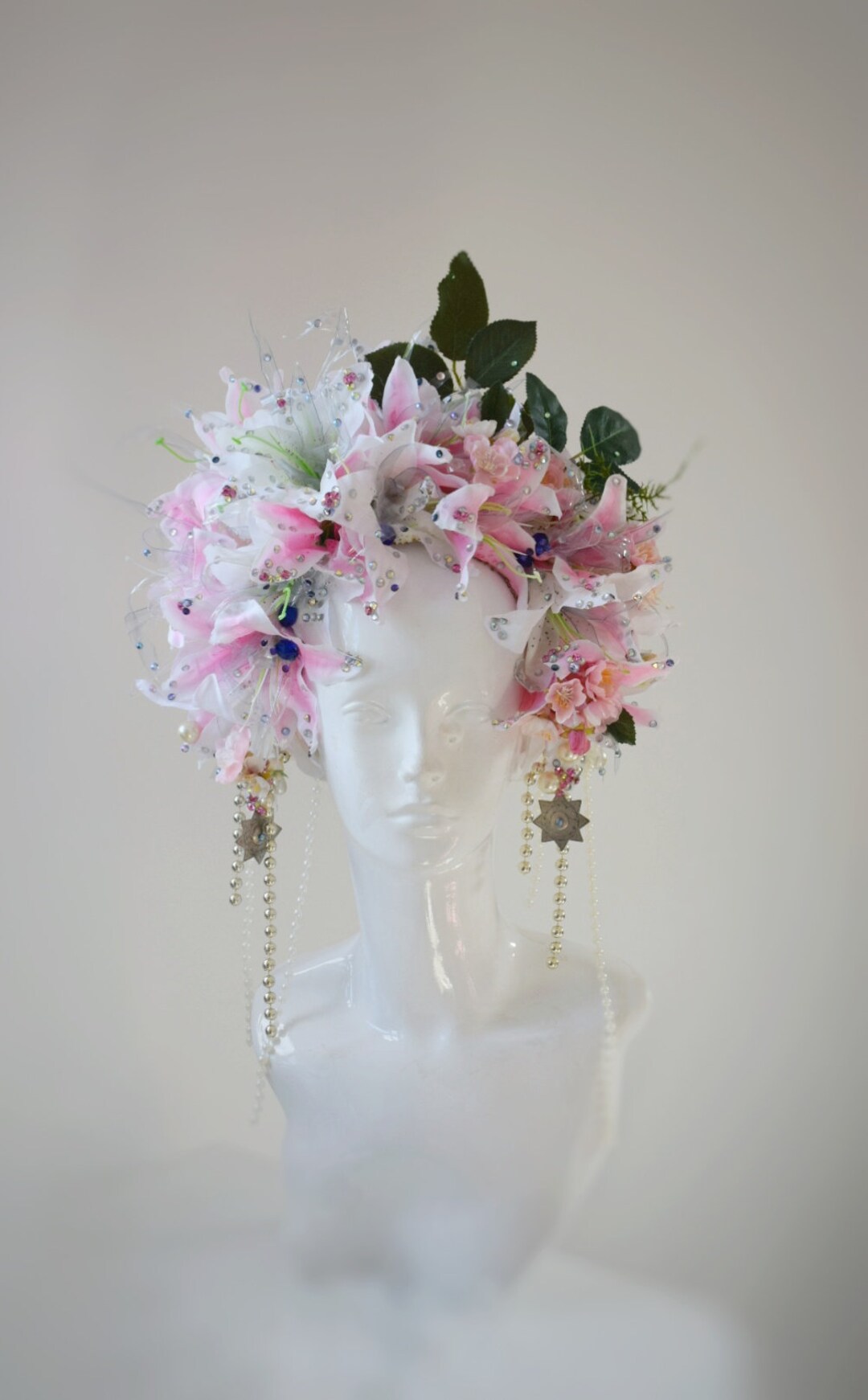 Pink Fantasy Flower Crown Headpiece With Pearls, Spiky Plastic Bottles ...